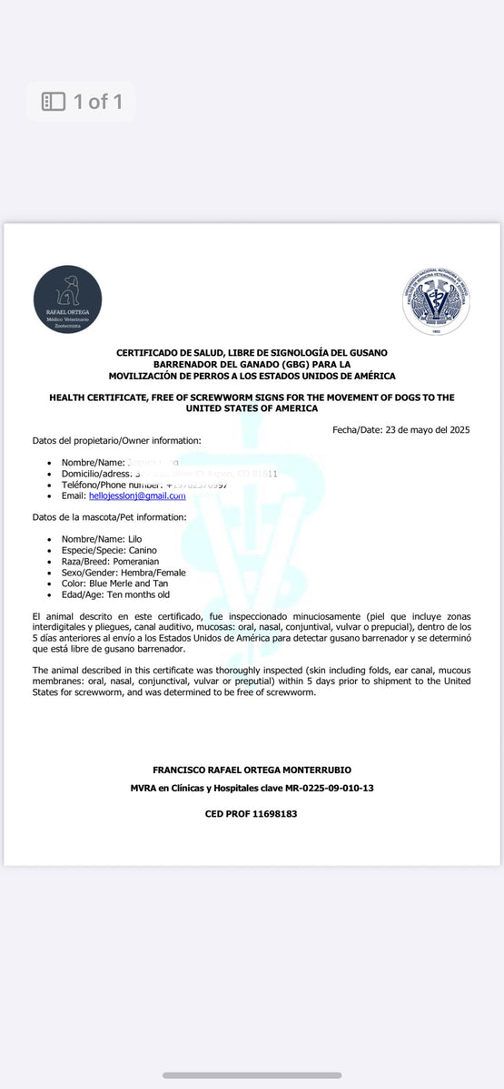 Reserve your appointment Playa – Screwworm Certificate